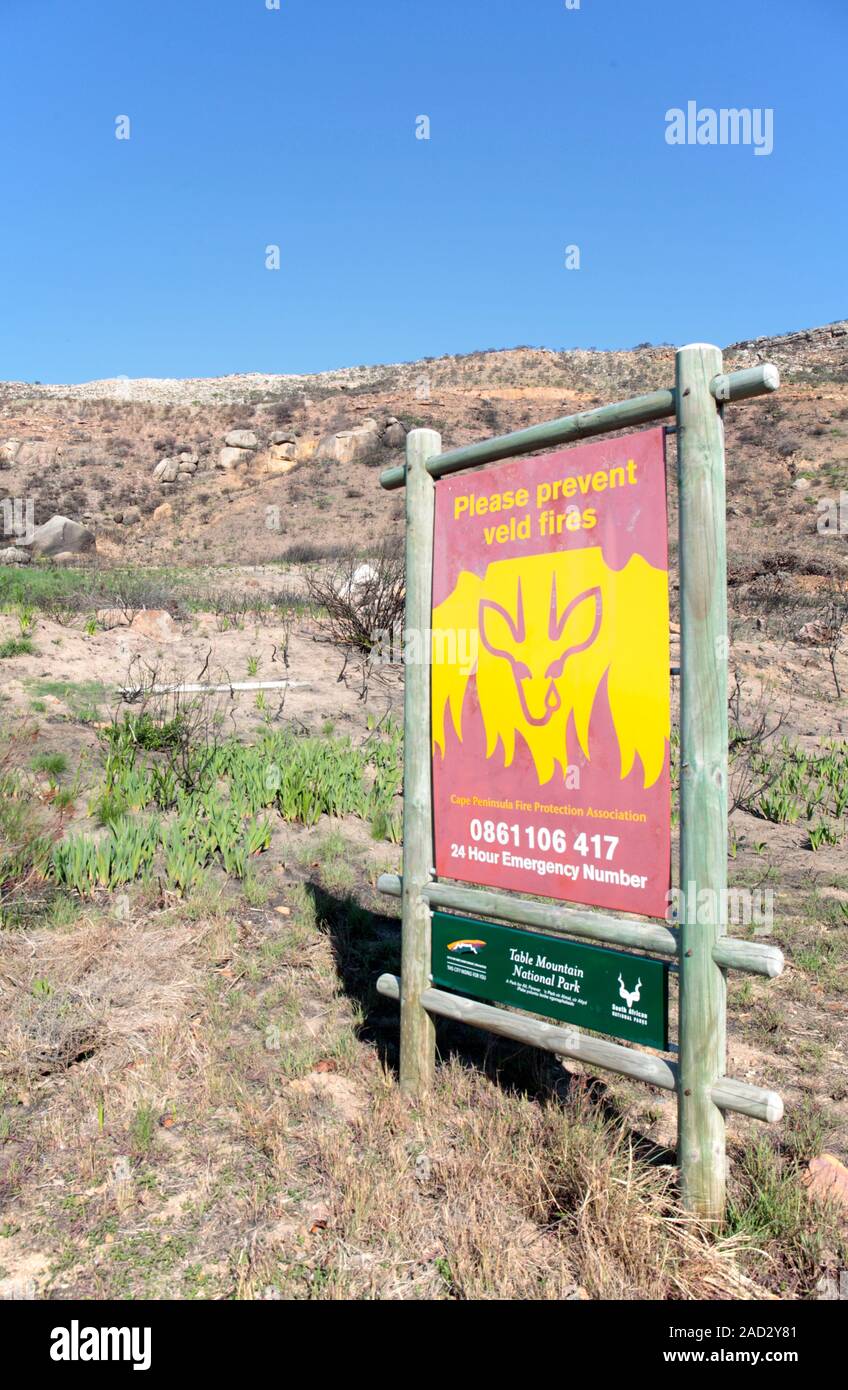 Fire warning sign in a regenerating landscape three months after a ...