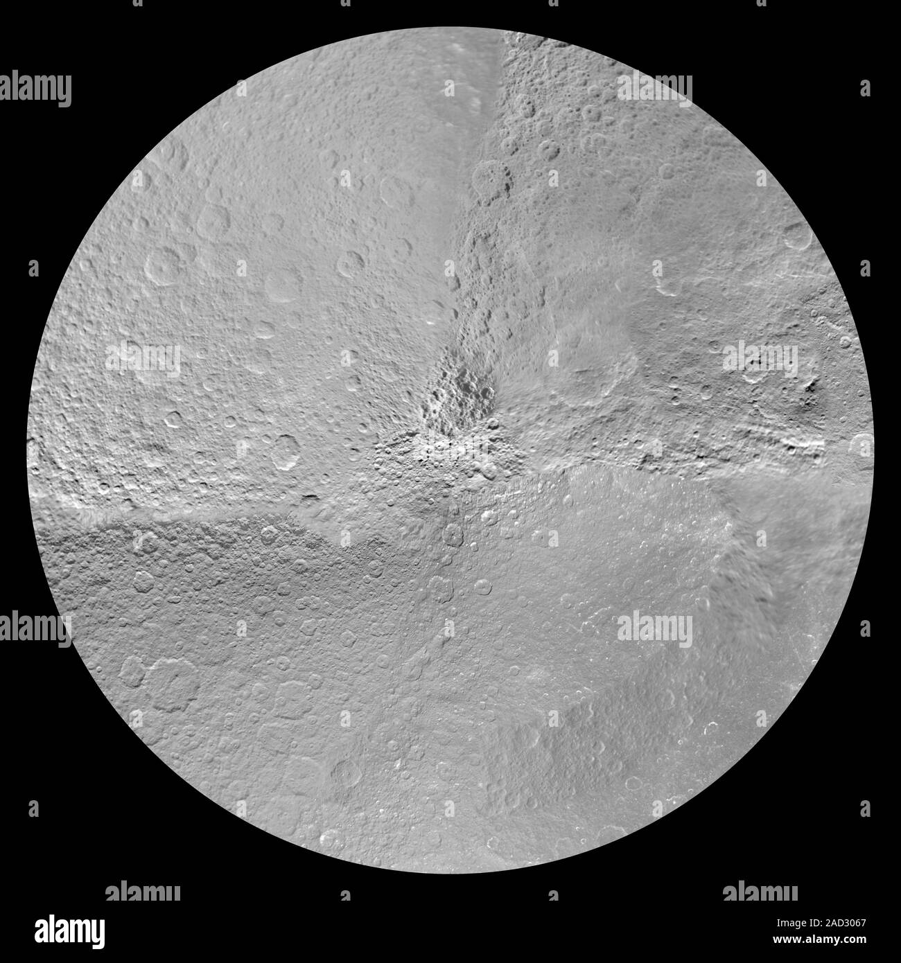 Rhea's south pole. Composite satellite image centred on the south pole ...