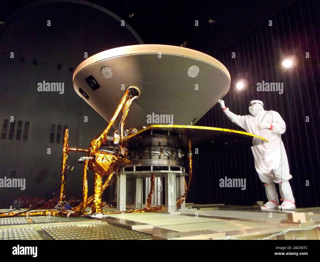InSight Mars lander testing. Technician preparing NASA's InSight ...