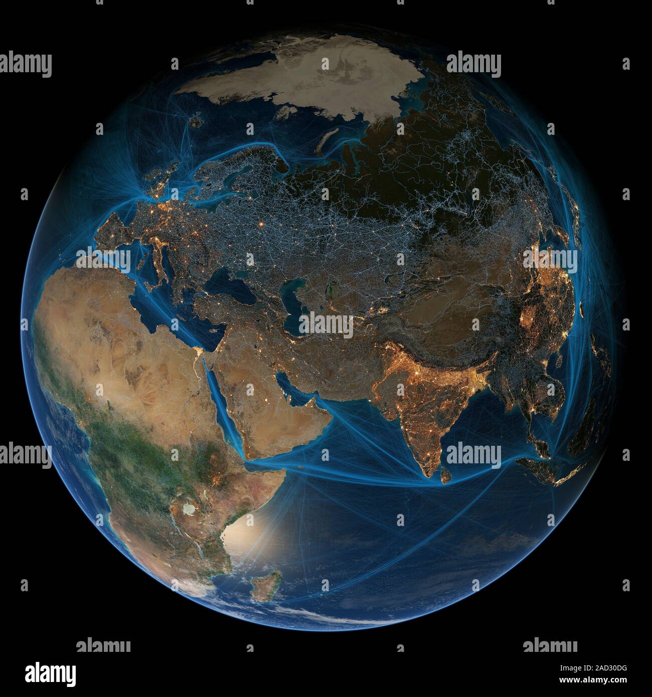 Human global presence. Earth globe and map, centred on Eurasia, showing ...