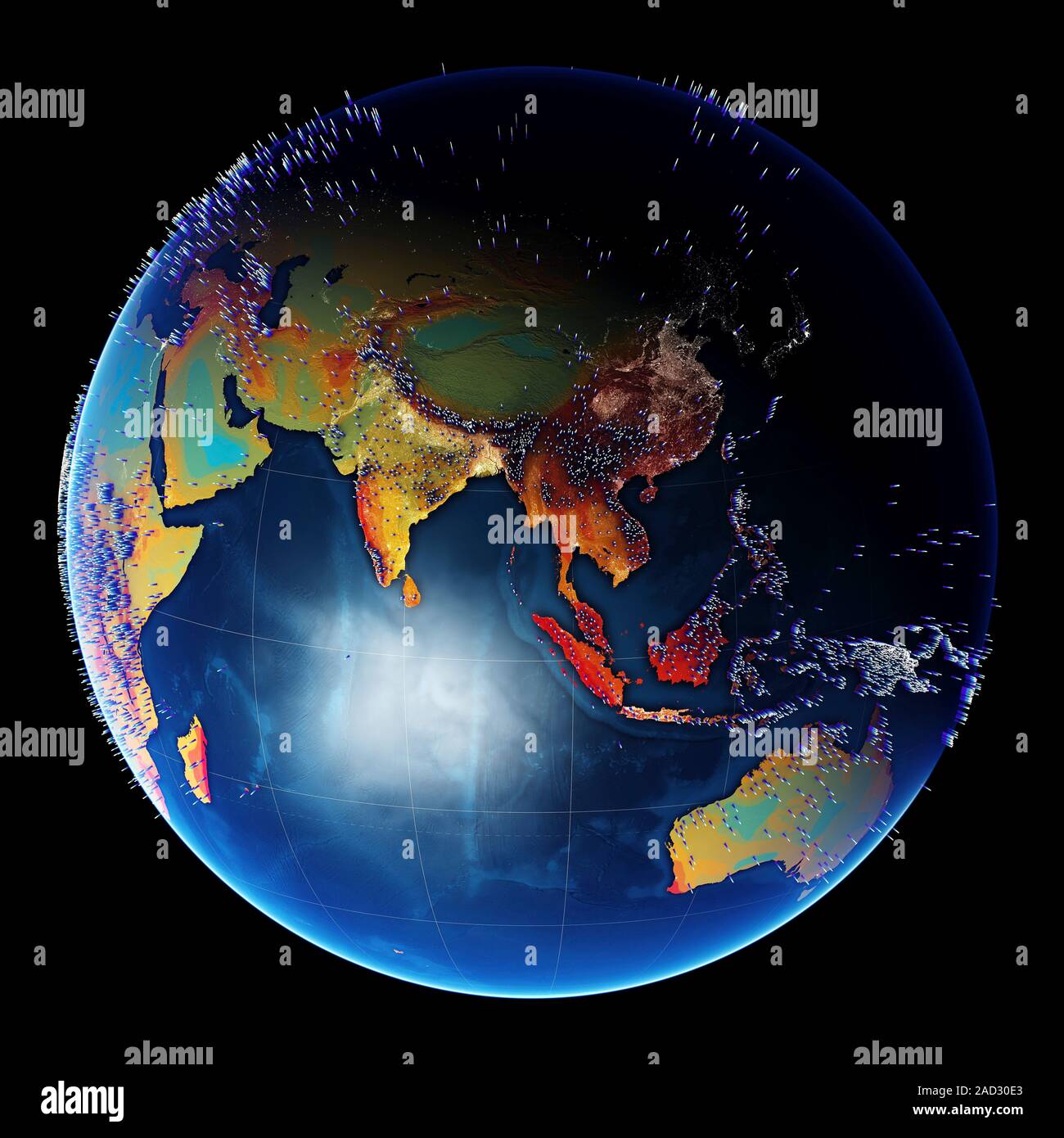 Earth globe and map, centred on Asia, showing the distribution of the ...