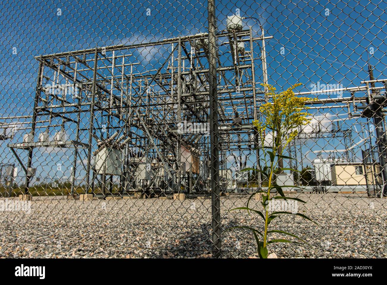 low angle view through the exterior metal fence of an electrical ...
