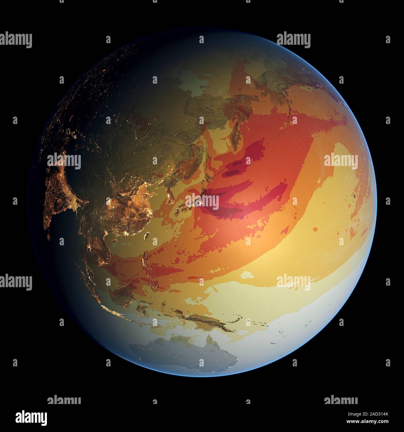 Globe Earth and map, centred on Japan, showing the dispersion of two ...