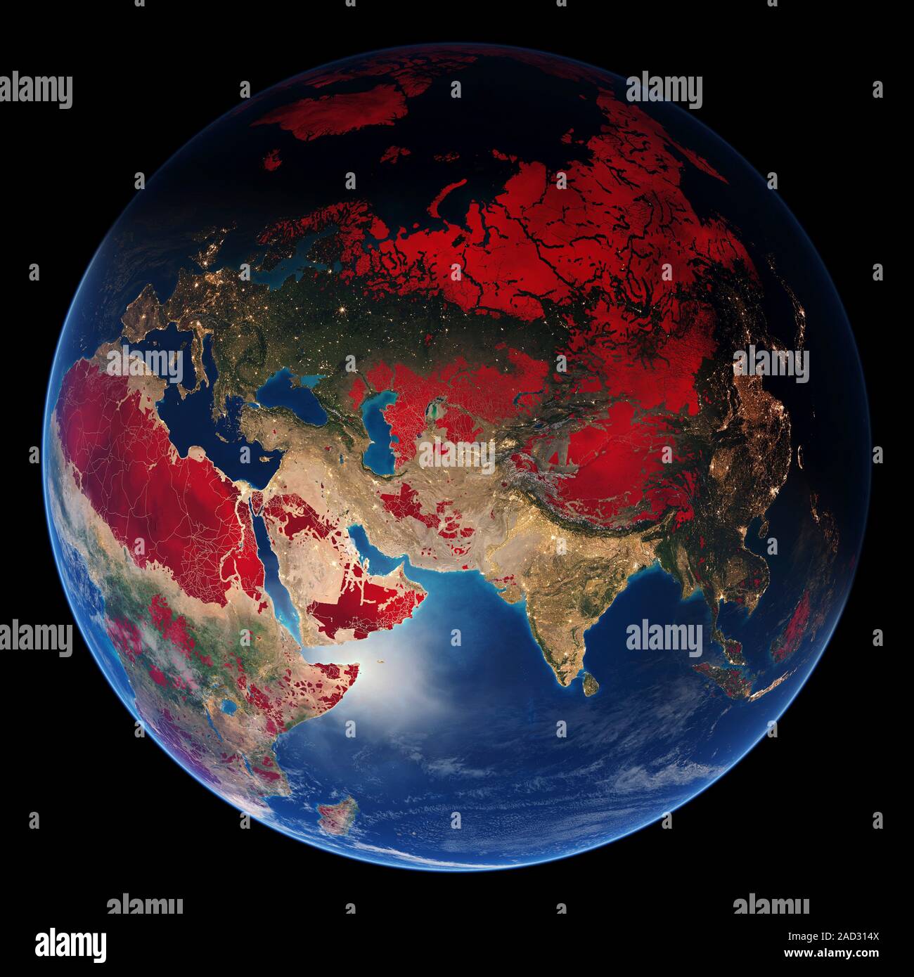 Earth globe and map showing wilderness areas (red) in Eurasia ...
