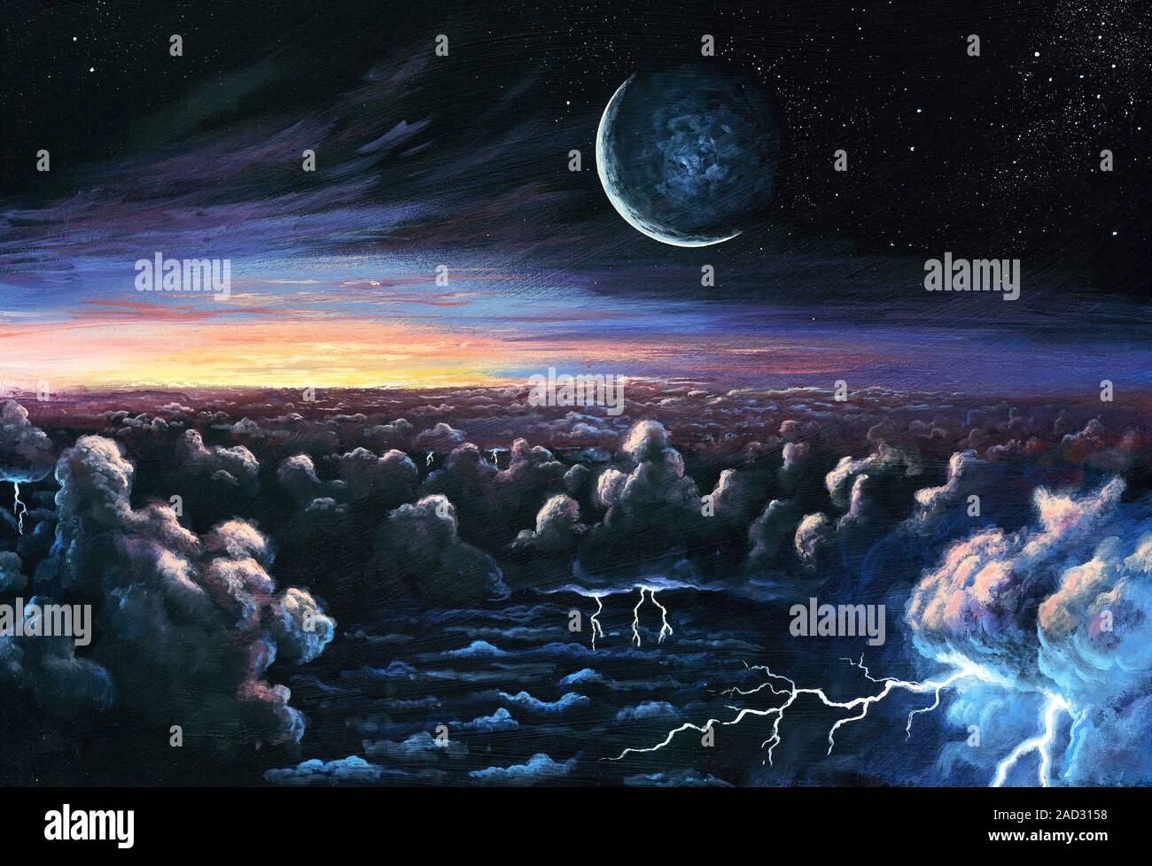 Illustration of stormy clouds above an alien world Stock Photo - Alamy