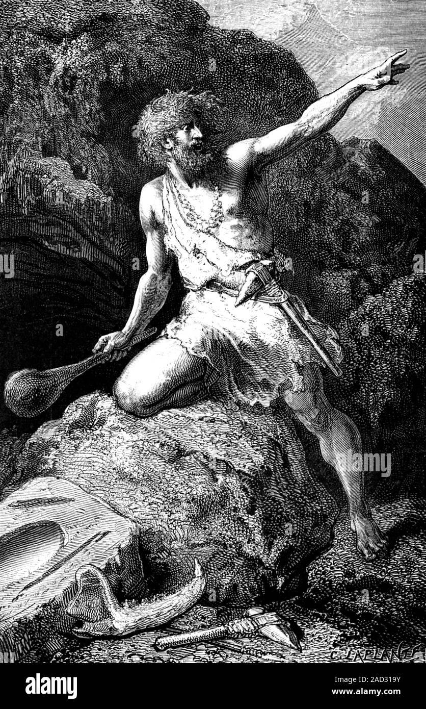 Stone age man. 1868 illustration of a man living during the Stone Age ...