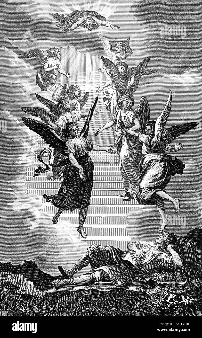 Jacob's ladder. 1868 illustration depicting Jacob's dream of a ladder ...