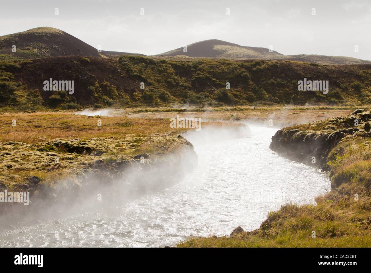 Steam rising off hot geothermally heated water in Hengill, Iceland ...