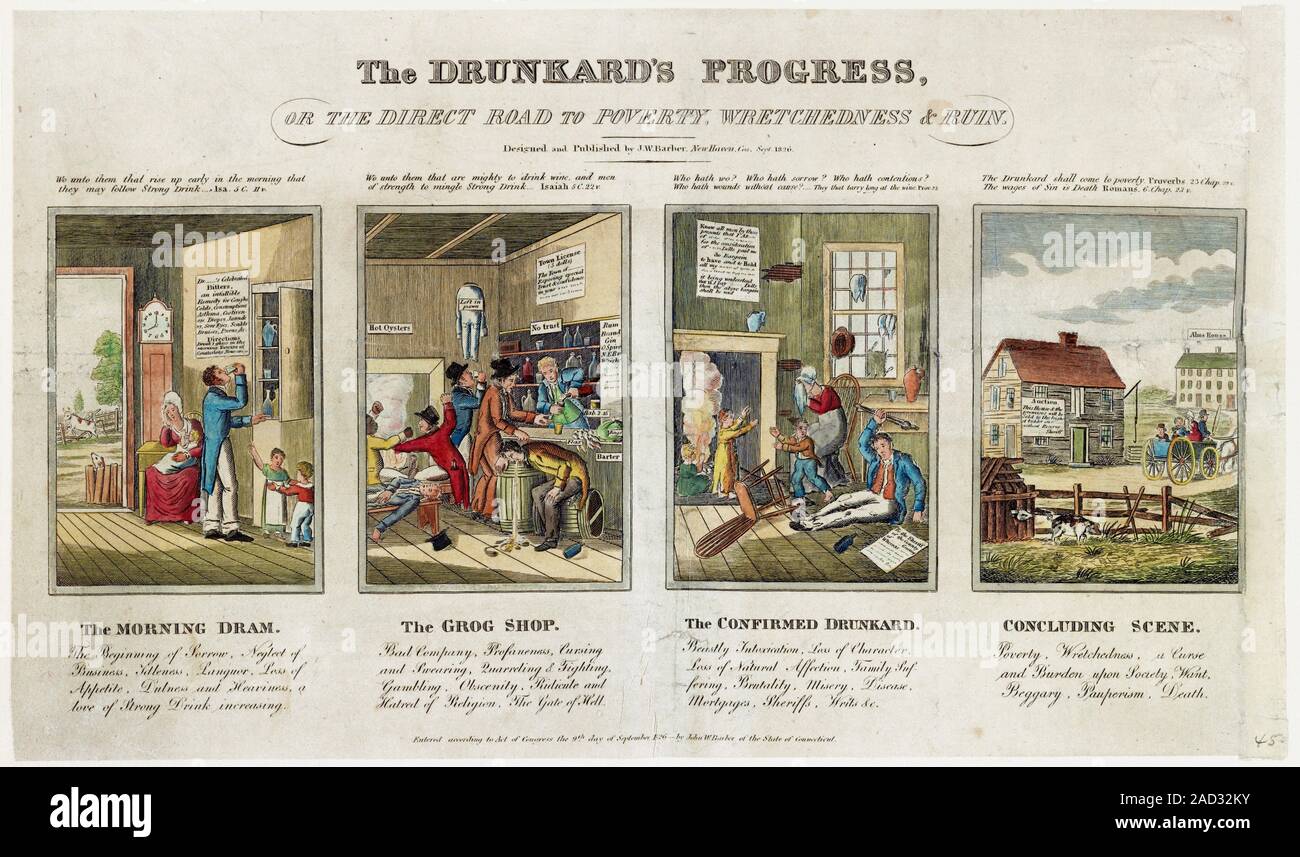 The Drunkard's Progress. 19th-century illustration of four stages of ...