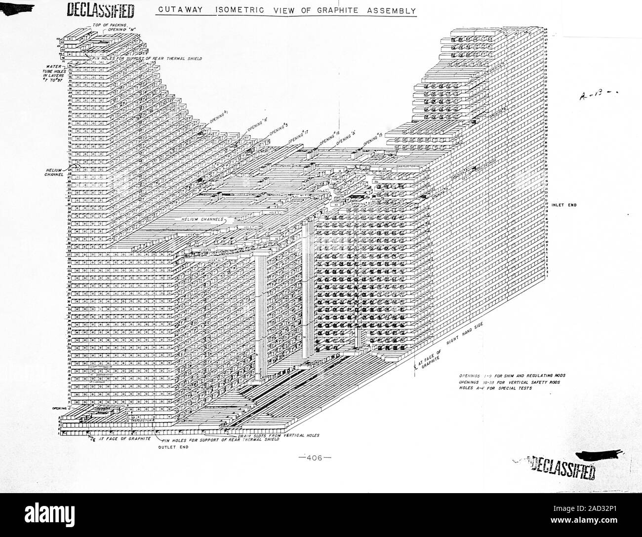Graphite pile for nuclear reactor. Cutaway view of the graphite pile ...