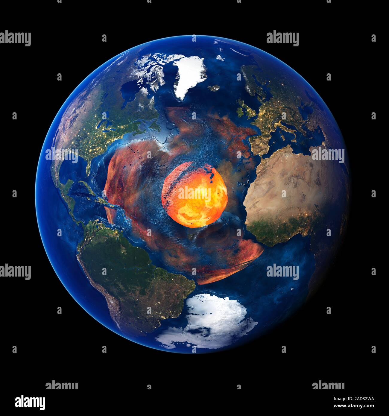 Earth globe and inner cores. Earth hemisphere global map, centred on ...