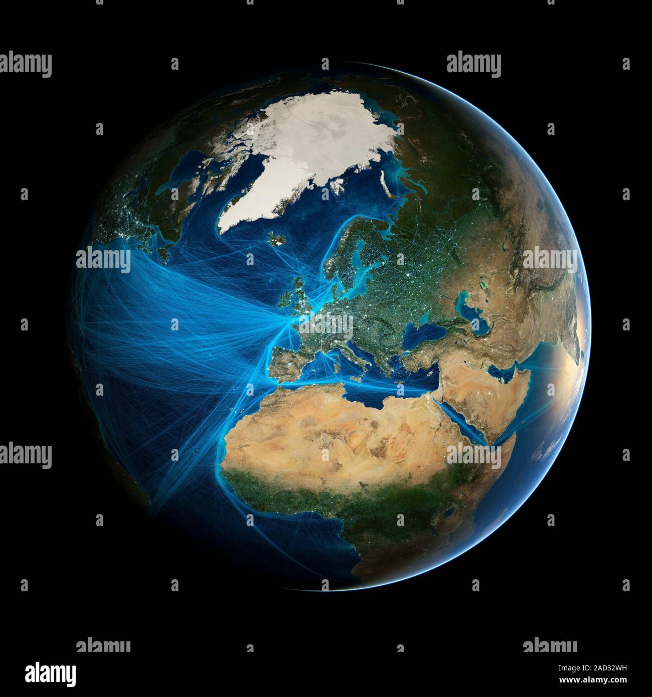 Europe and the anthroposphere. Earth hemisphere map, centred on Europe ...