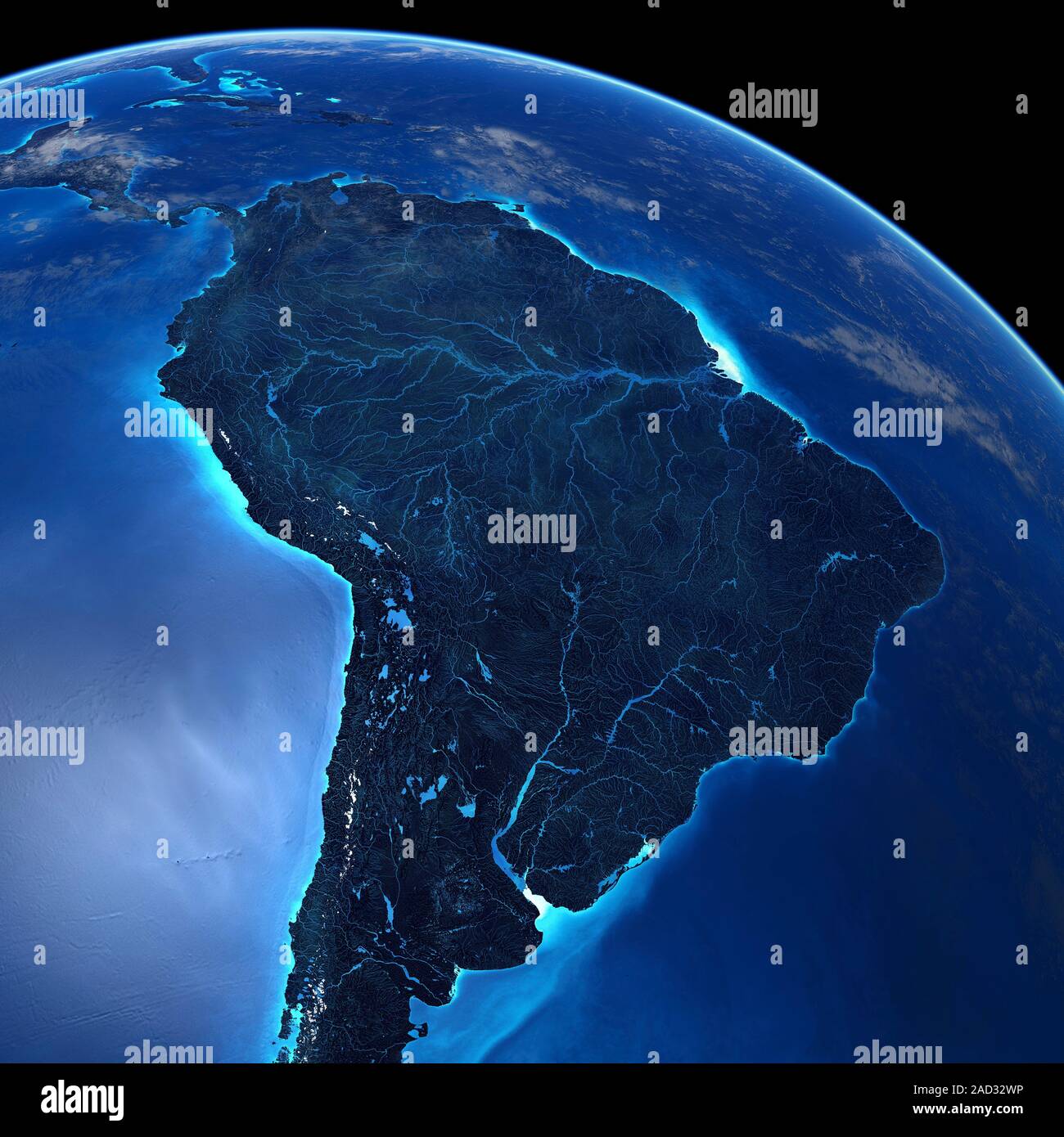 South America's hydrosphere. Close-up of a spherical projection of ...