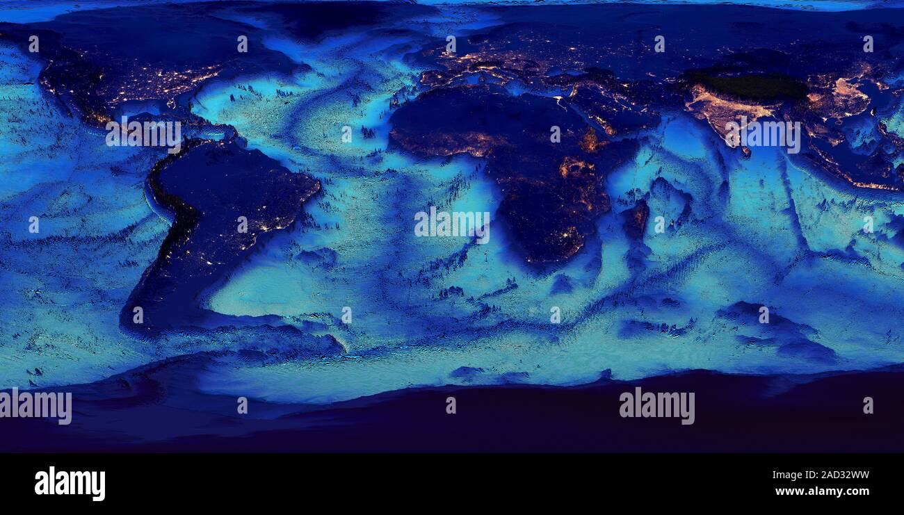 Global ocean floor topography. Cylindrical projection of the Earth and ...