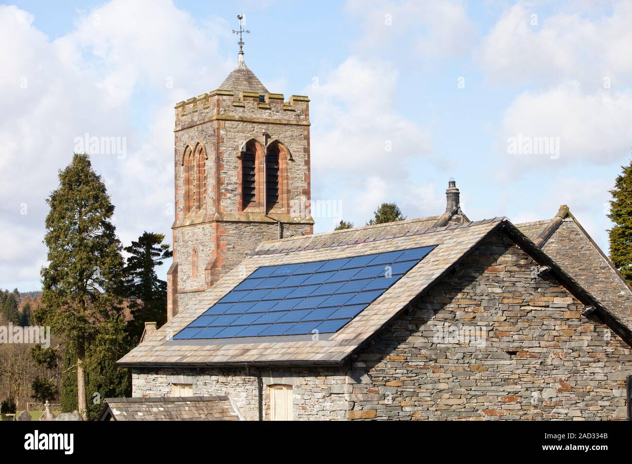 Solar electric panels on Lowick Village Hall in South Cumbria, UK Stock ...