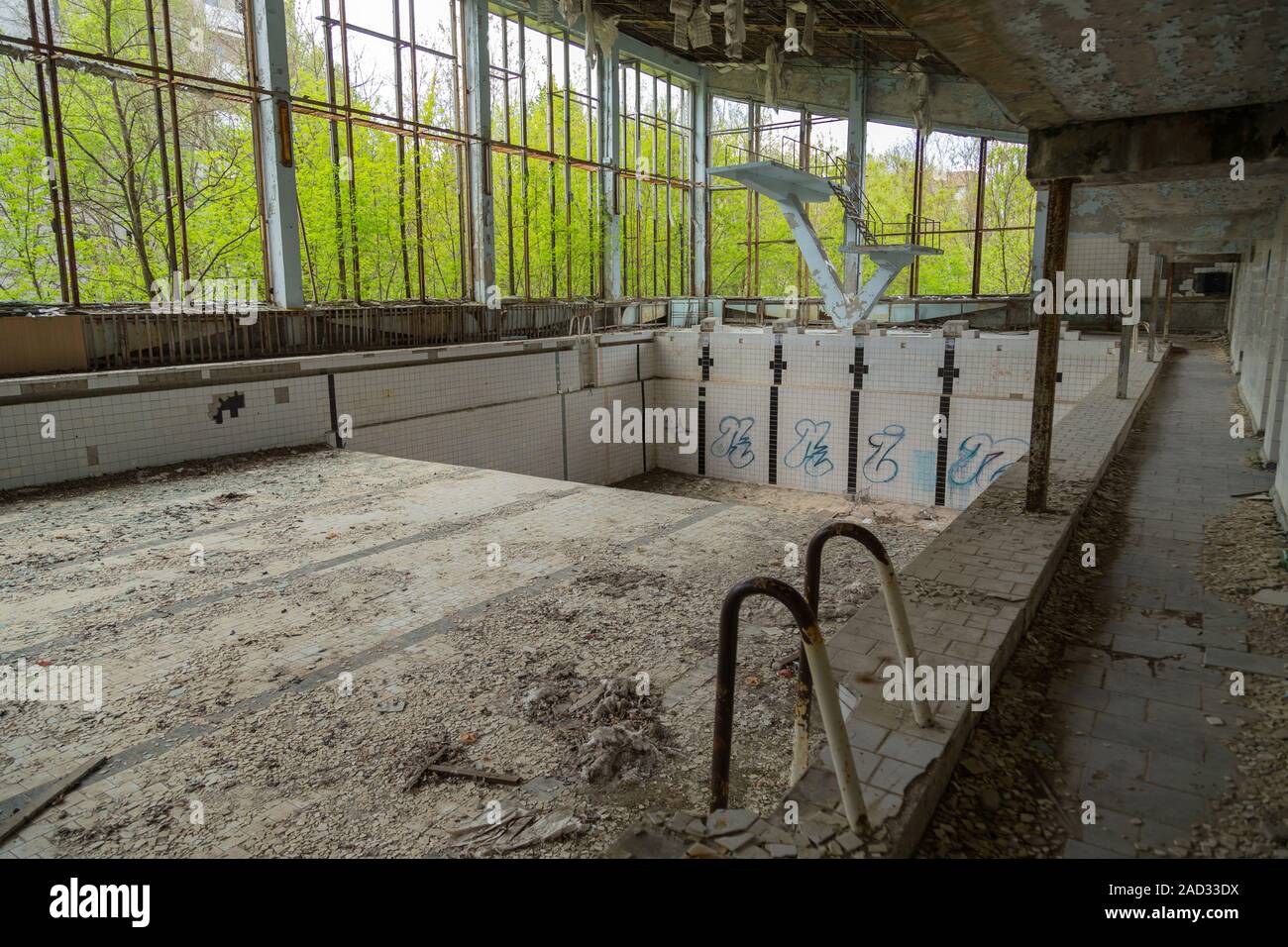 Chernobyl zone. Swimming pool in the city of Pripyat in Ukraine ...