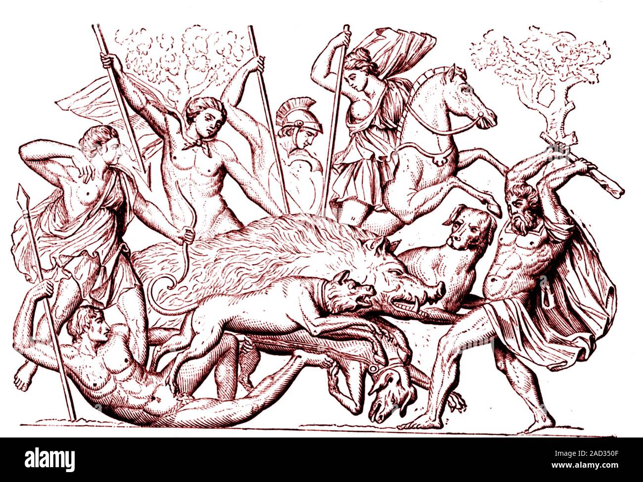 Boar hunting in Ancient Greece. 1859 illustration of Ancient Greeks ...