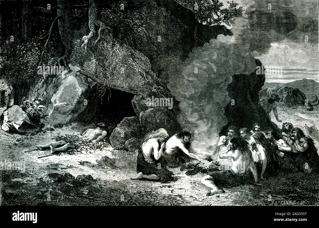 Caveman camp. 1868 illustration of a group of prehistoric humans ...