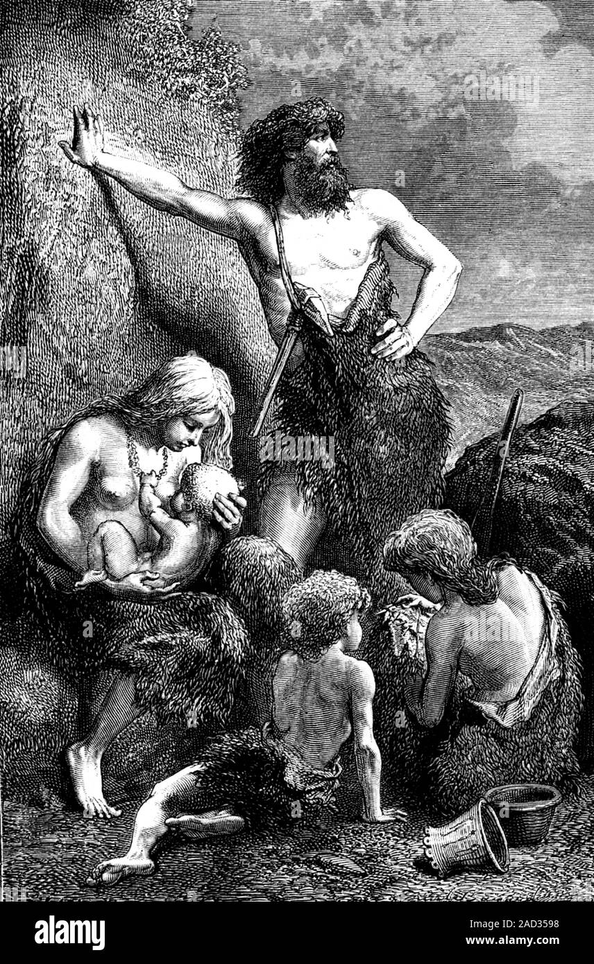 Stone-age family. 1868 illustration of a family living during the Stone ...