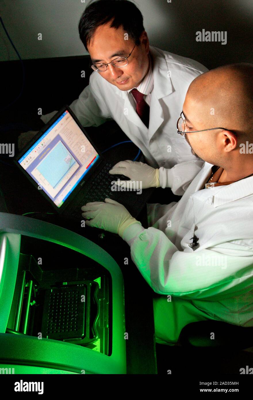 PCR assay in a microbiology lab. Microbiologists performing a real-time ...