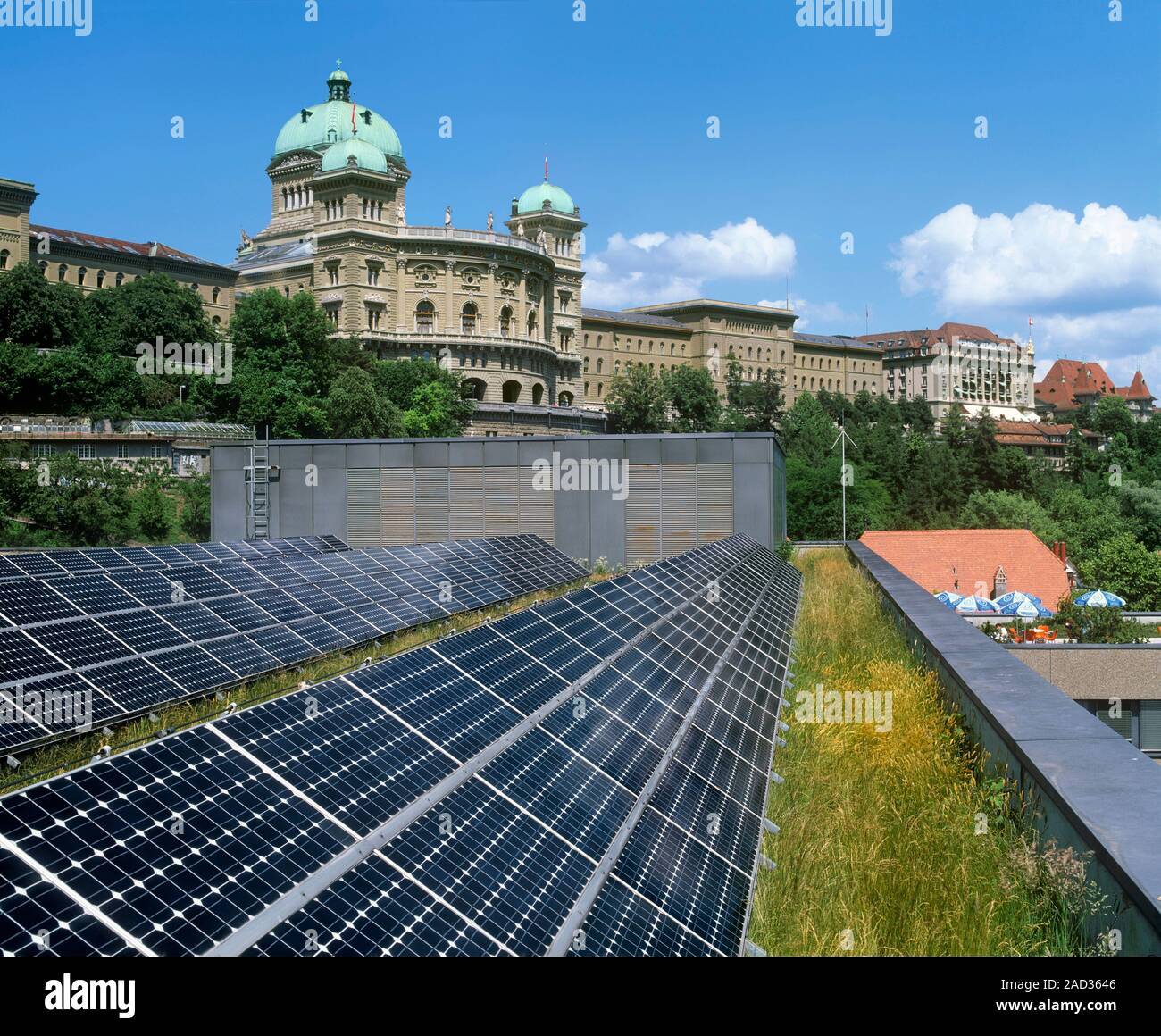 Rooftop solar cells. View across an array of solar panels (photovoltaic ...
