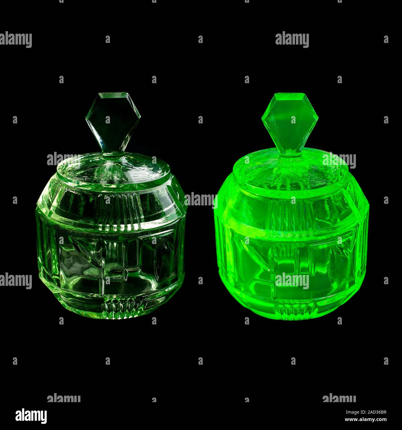 Uranium glass fluorescing. Uranium glass under visible light (left) and under ultraviolet ...