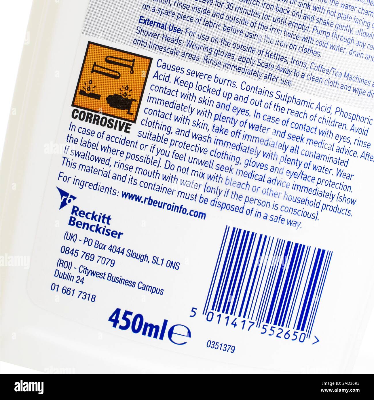 Hazard warning label on a packet of descaling solution. This is a ...