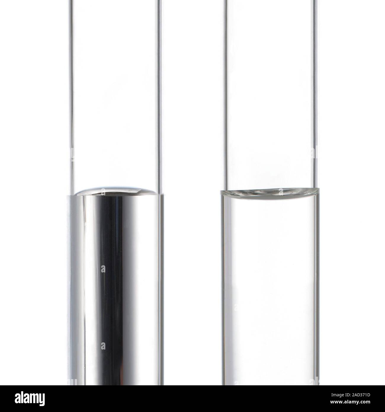 Meniscus in mercury (left) and water compared. Mercury shows a convex ...
