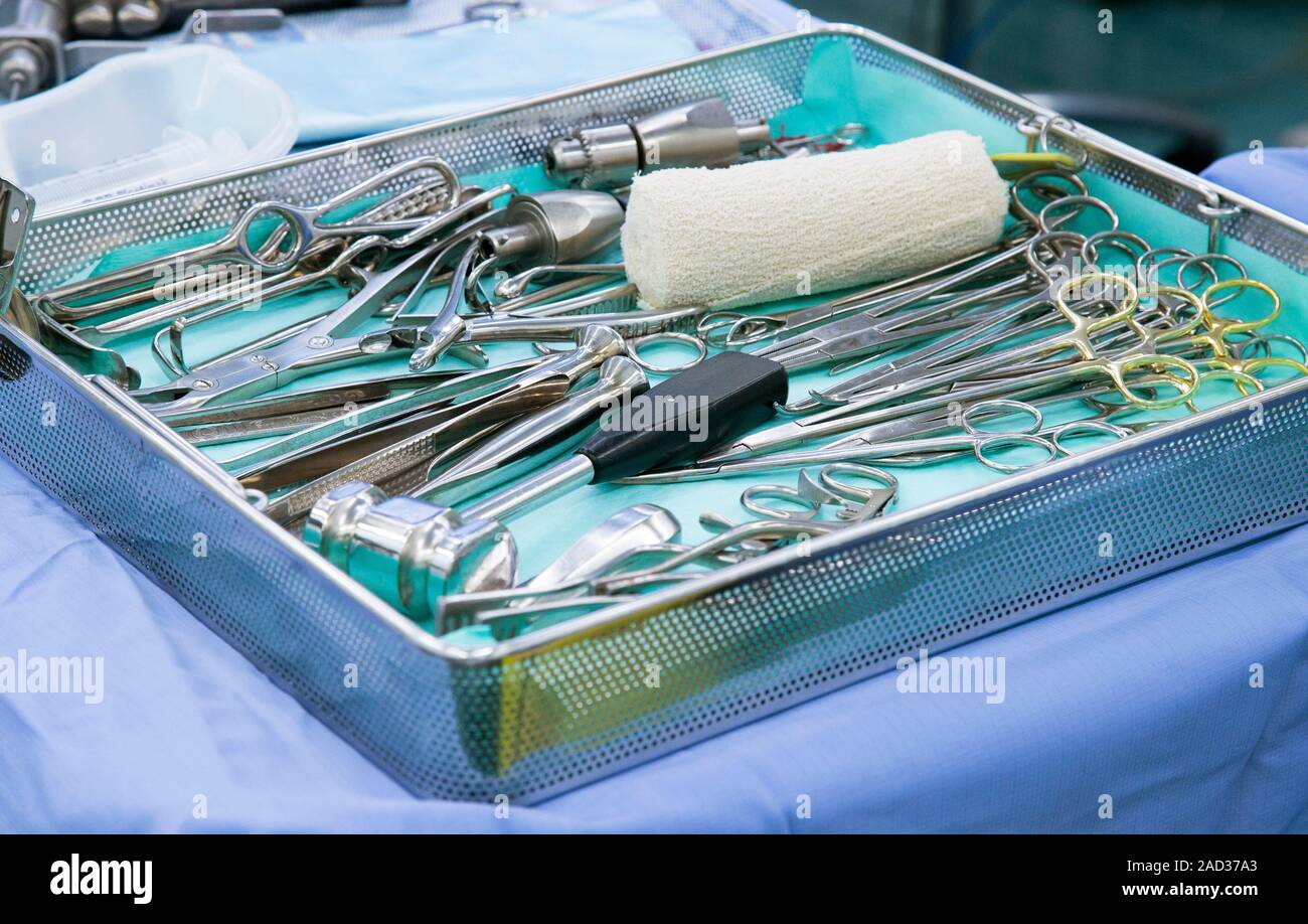 Surgical tools ready for use in an operation. Photographed in the UK ...