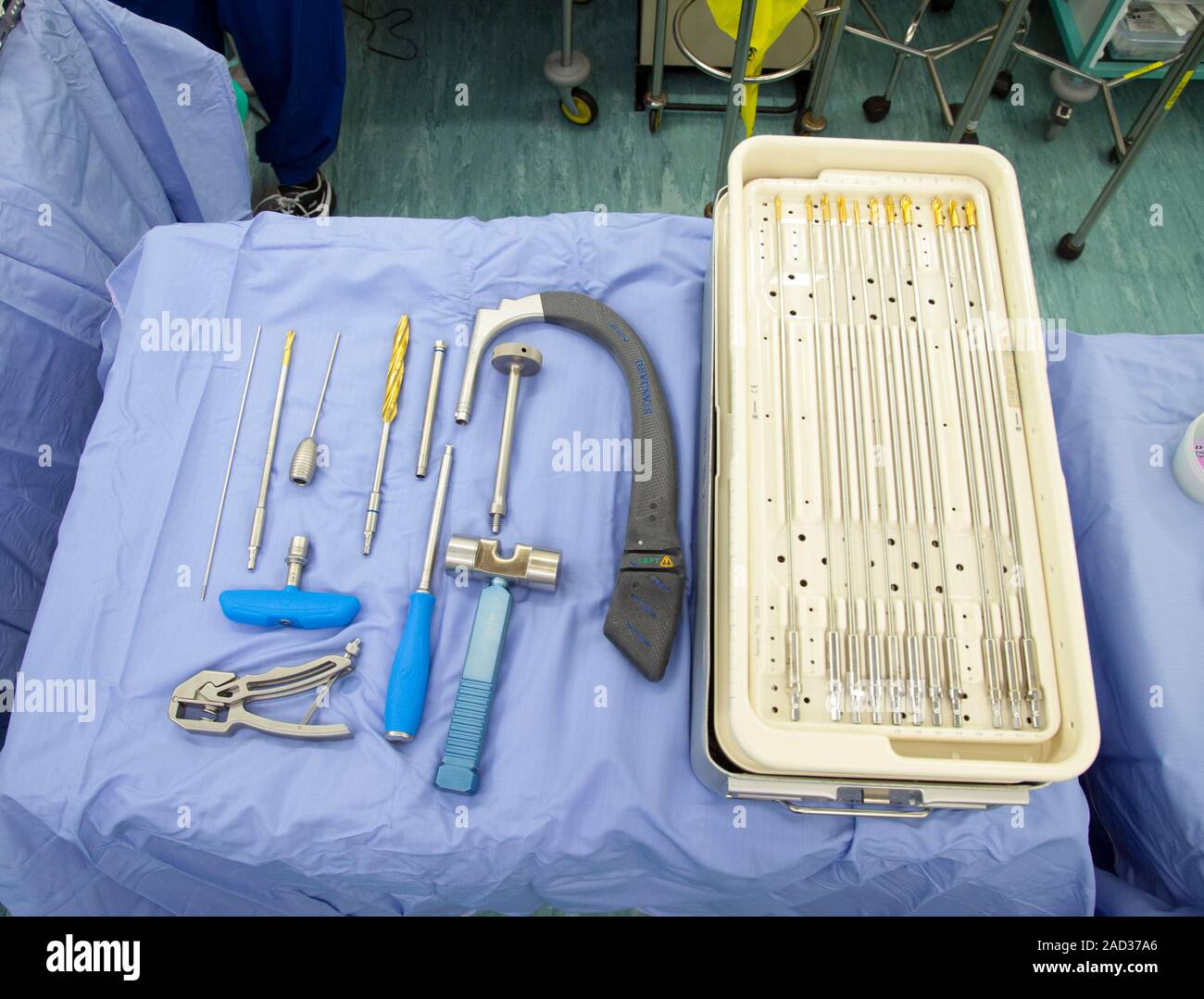 Bone surgery tools ready for use in an operation. These are for an ...