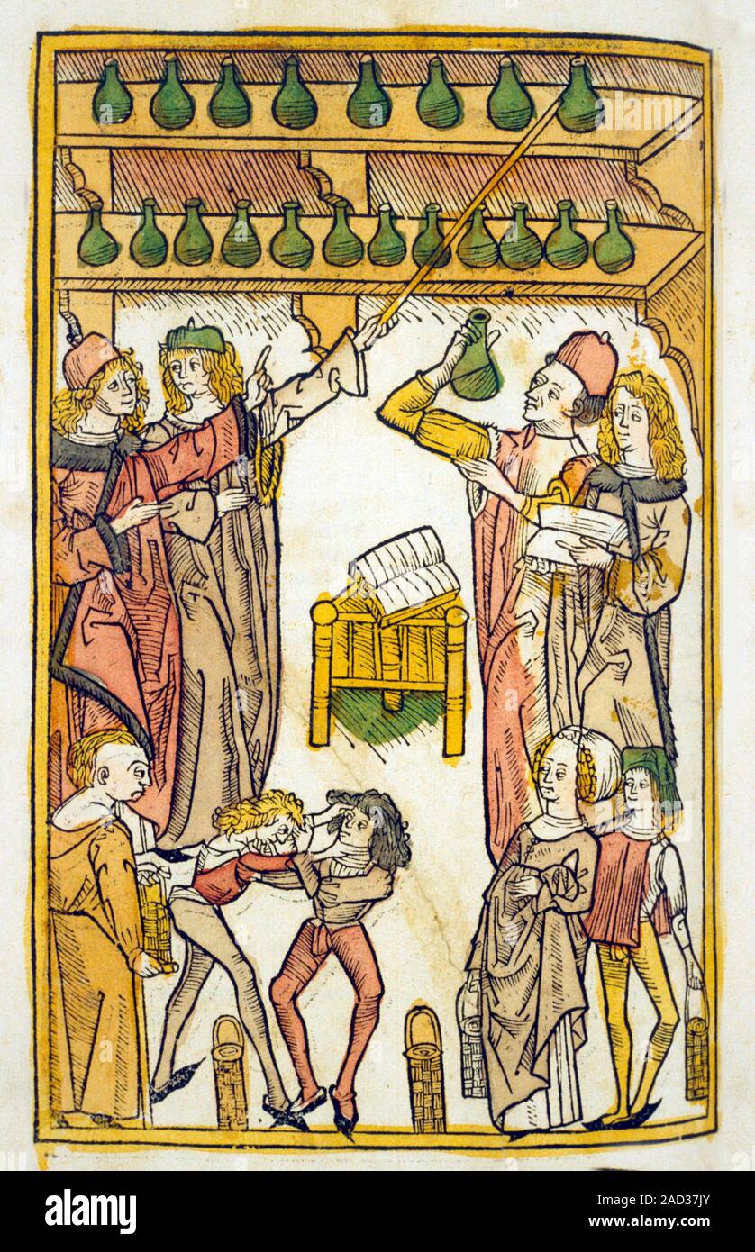 Urine analysis, 15th-century illustration. Medieval doctors are shown ...