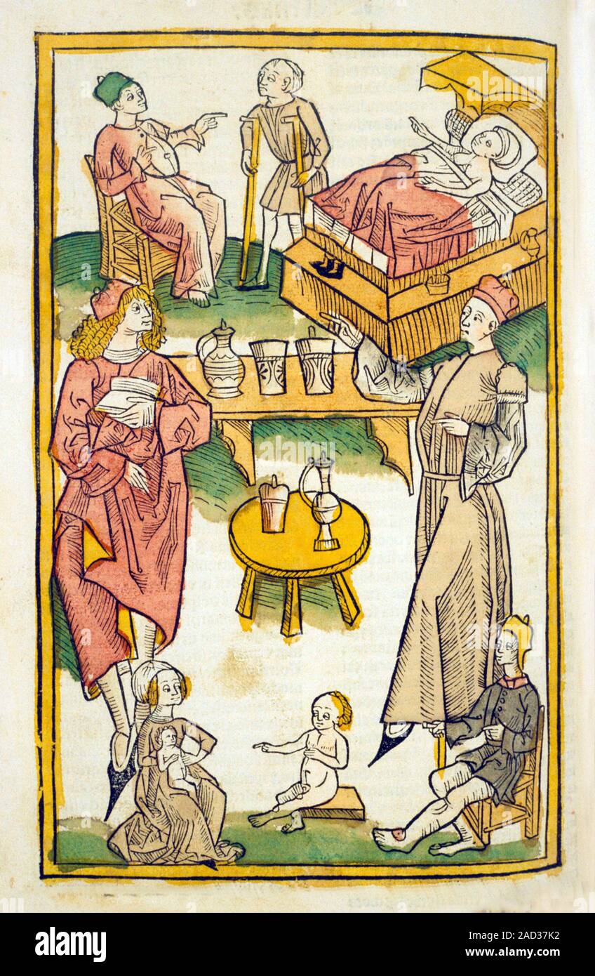 Medical diagnosis, 15th-century illustration. Doctors are diagnosing ...