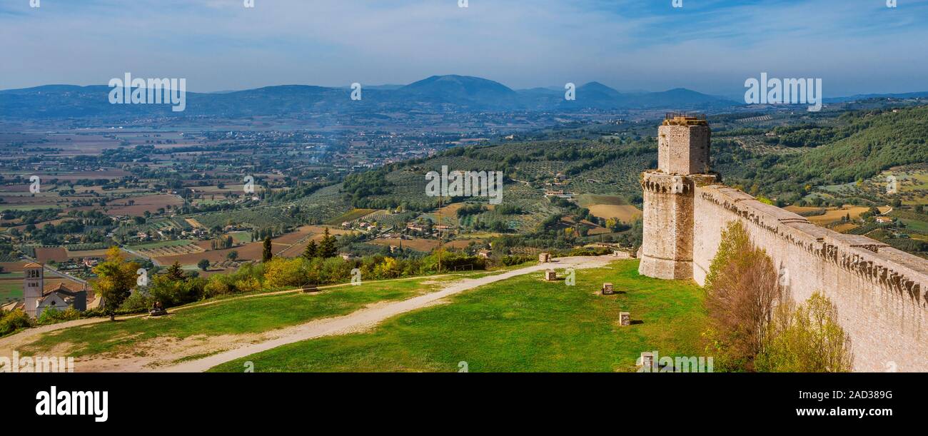 Panoramic view of Umbria countryside with St Francis Basilica from ...