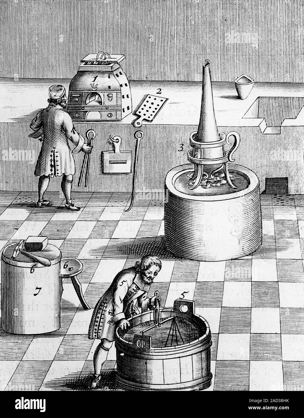 Assay laboratory for gold and silver. 1) Furnace: 2) Sheet of iron onto ...