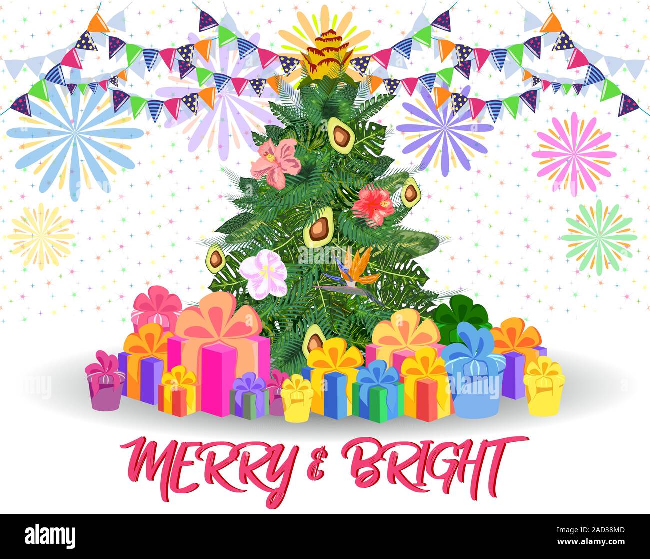 Christmas tree made of tropical monstera leaves, avocado, gifts under ...