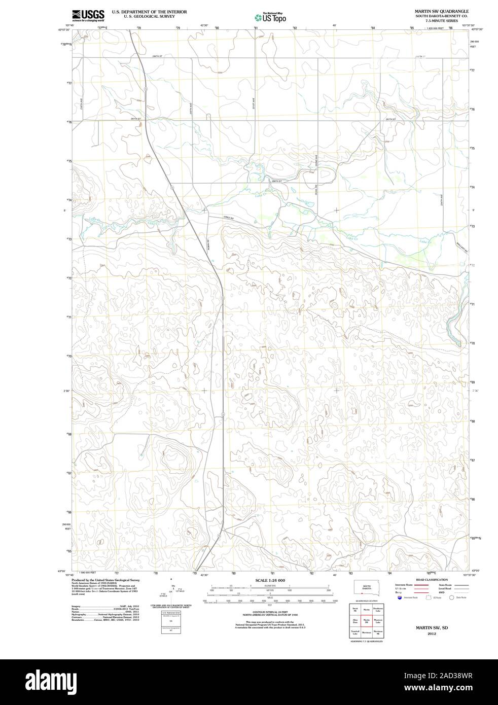 USGS TOPO Map South Dakota SD Martin SW 20120620 TM Restoration Stock ...