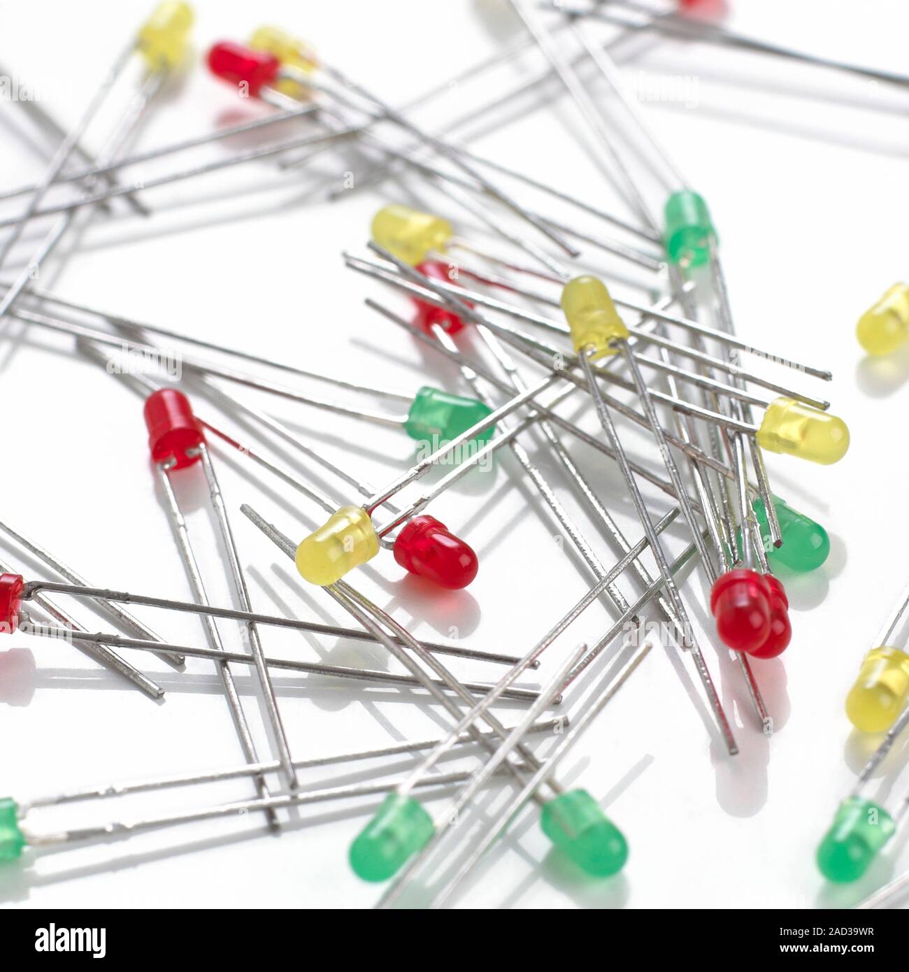 Assorted LEDs. Light emitting diodes (LEDs) are made of two thin film layers of semiconducting ...