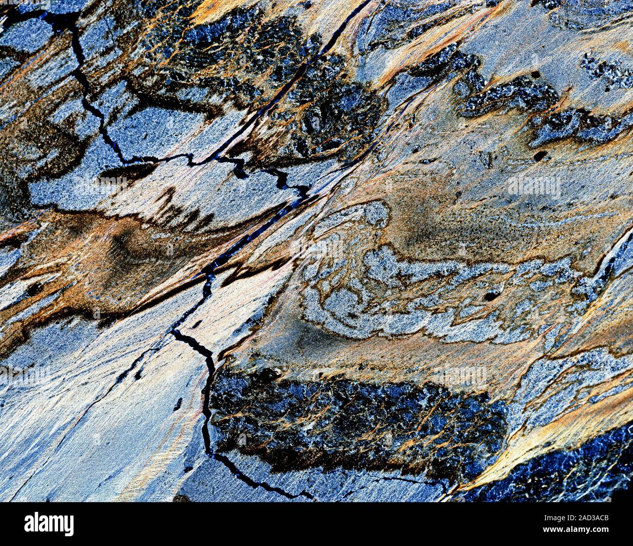 Micrograph of a serpentinite rock with chlorite rich bands (blue) that ...