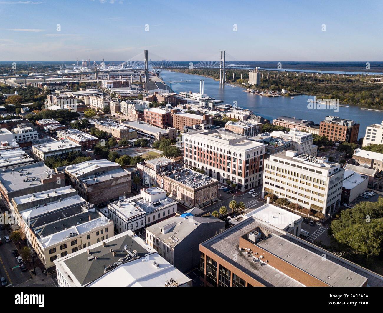 Aerial view of downtown Savannah, Georgia with Talmadge Bridge at the ...