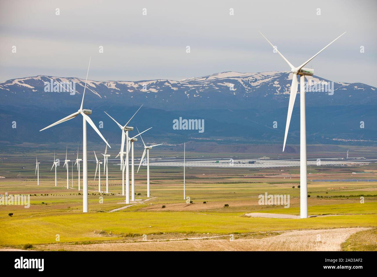 A wind farm near La Calahorra in Andalucia, Spain, with a solar power ...