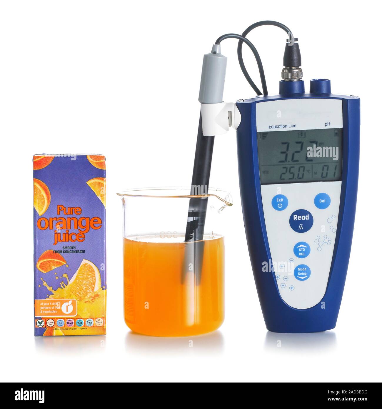 Orange juice acidity. A pH meter dipped into a glass of orange juice. The meter reads 3.22 ...