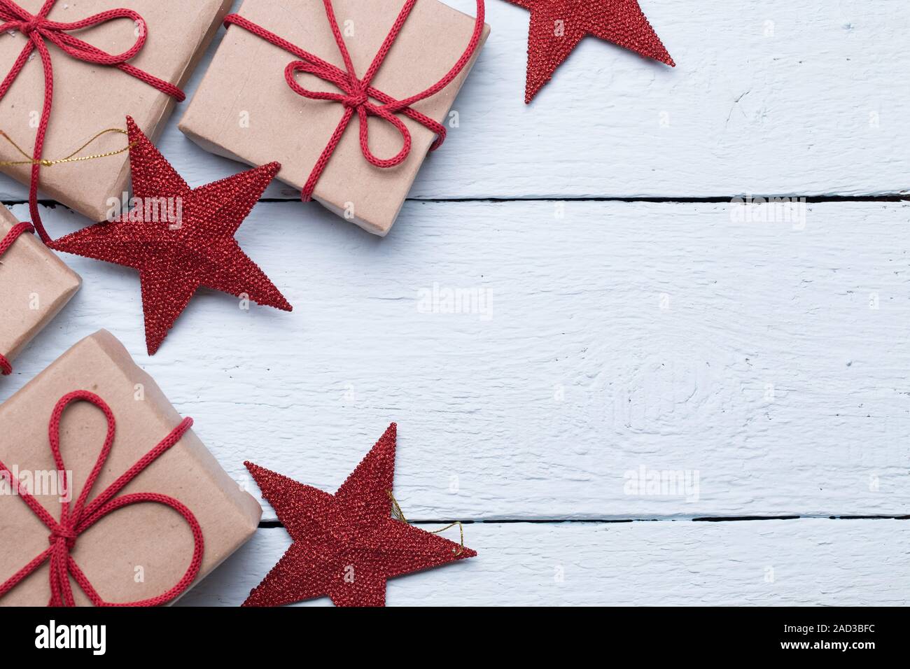 Boxes with gifts, red stars Stock Photo - Alamy