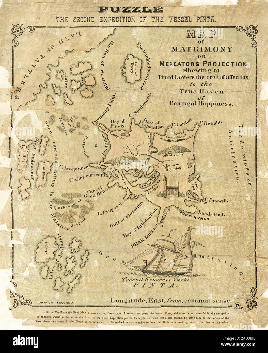 Satirical map for lovers. 19th-century satirical map on the topic of ...
