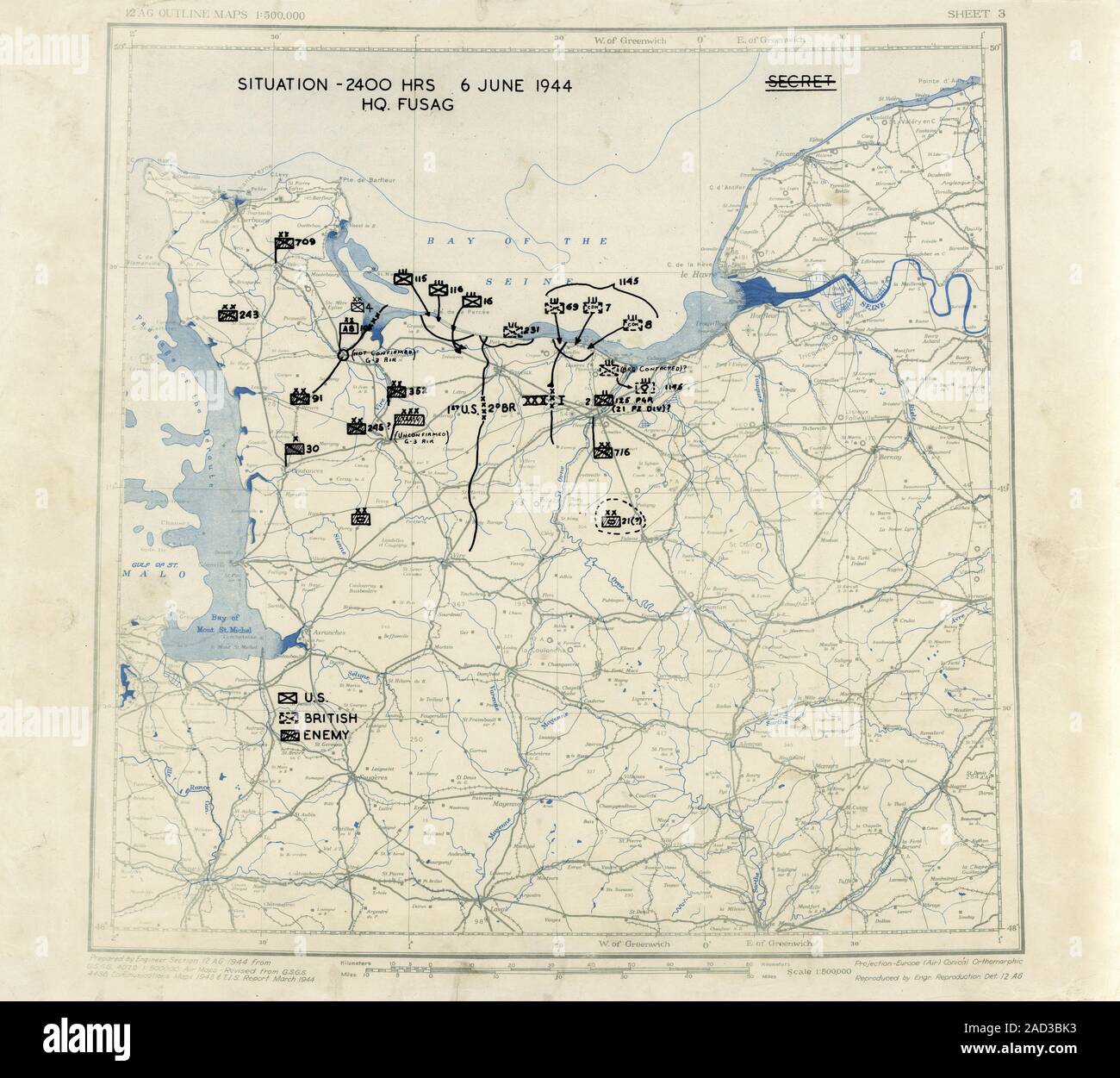 Normandy campaign map. Military map showing the presumed location of ...