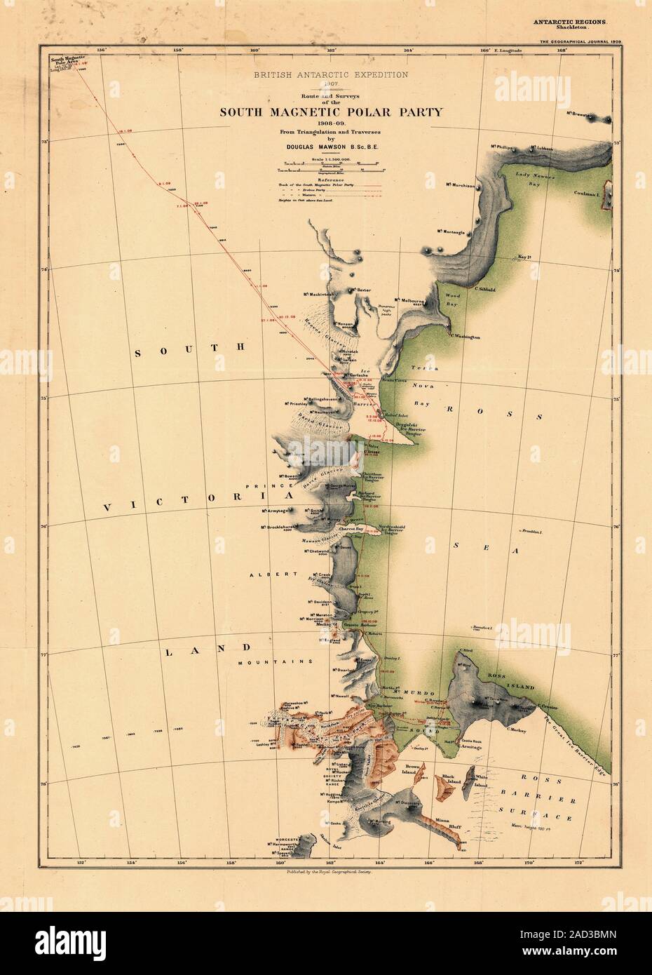 South Magnetic Polar Party. Map showing the route of the South Magnetic ...