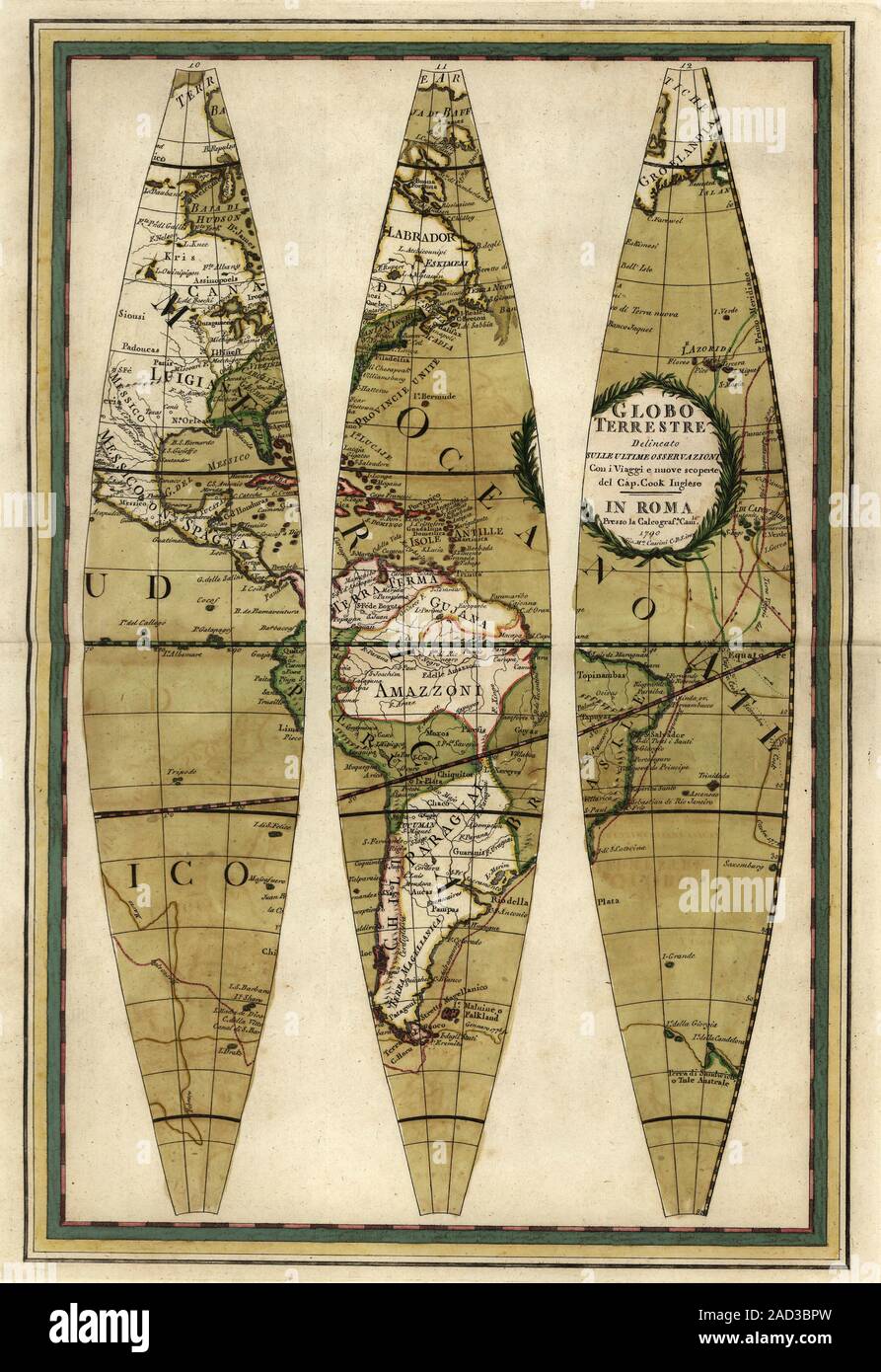 Captain Cook's voyages. 18th-century sections (gores) of a globe ...