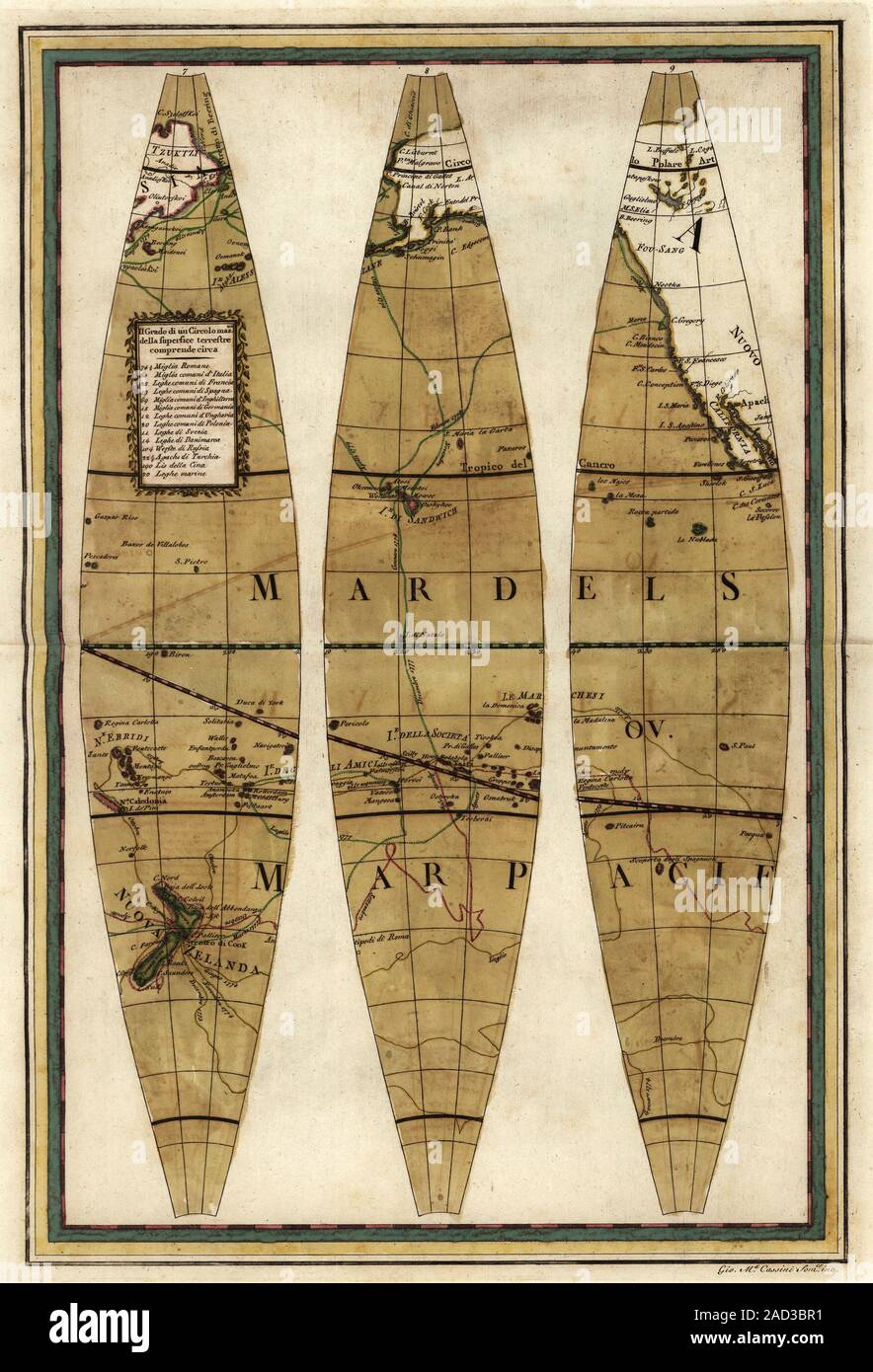 Captain Cook's voyages. 18th-century sections (gores) of a globe ...