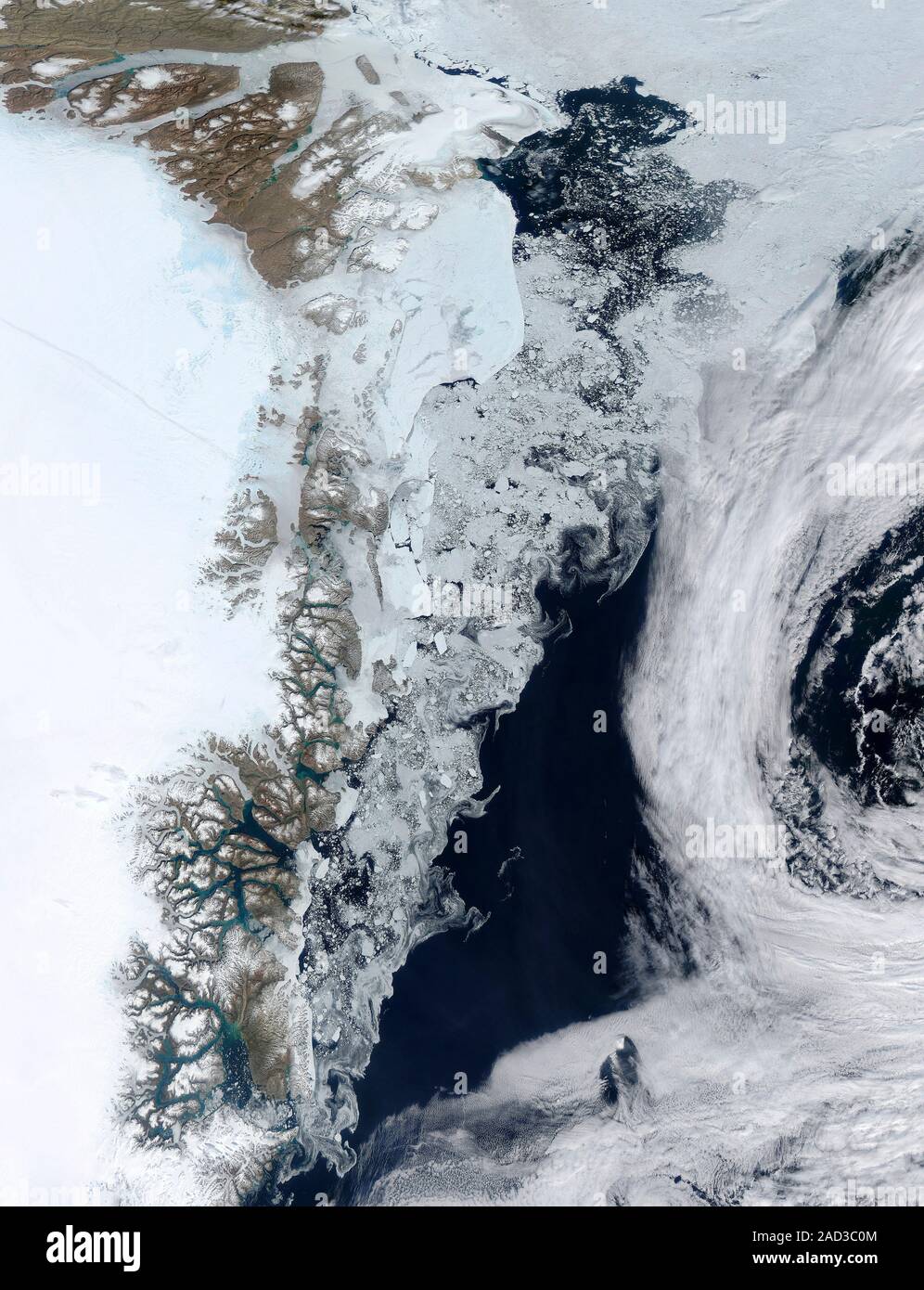 Melting Arctic sea ice. Satellite image of sea ice in summer 2015 ...