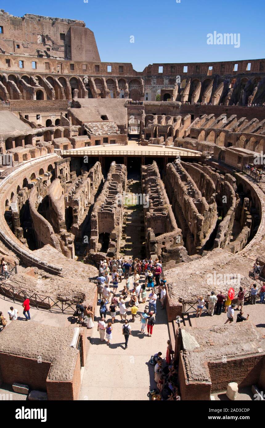 The arena of the Colosseum in Rome showing raked seating areas and the ...