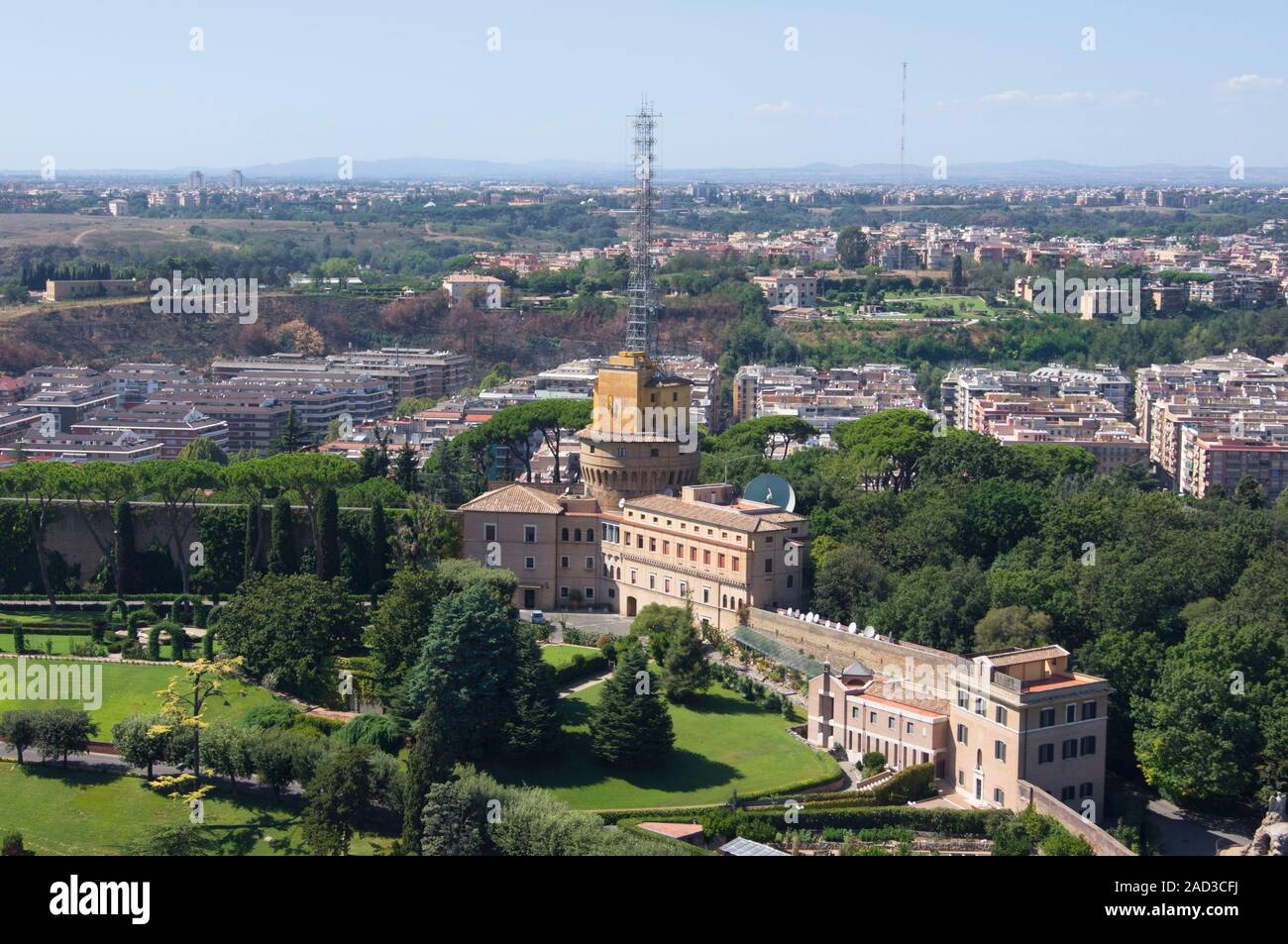 The headquarters and transmission tower of Radio Vaticana viewed from the dome of St Peter's ...